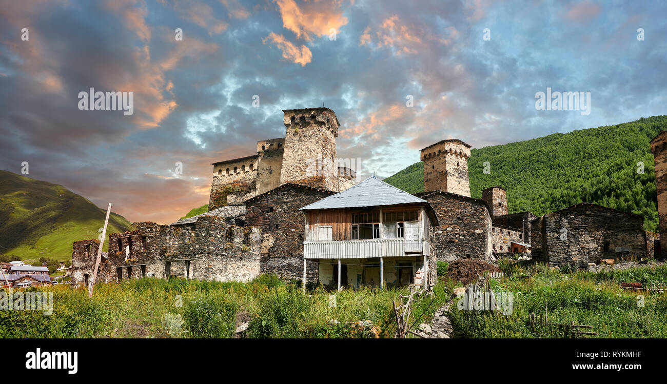 Stone medieval Svaneti tower houses of Chazhashi, Ushguli, Upper ...