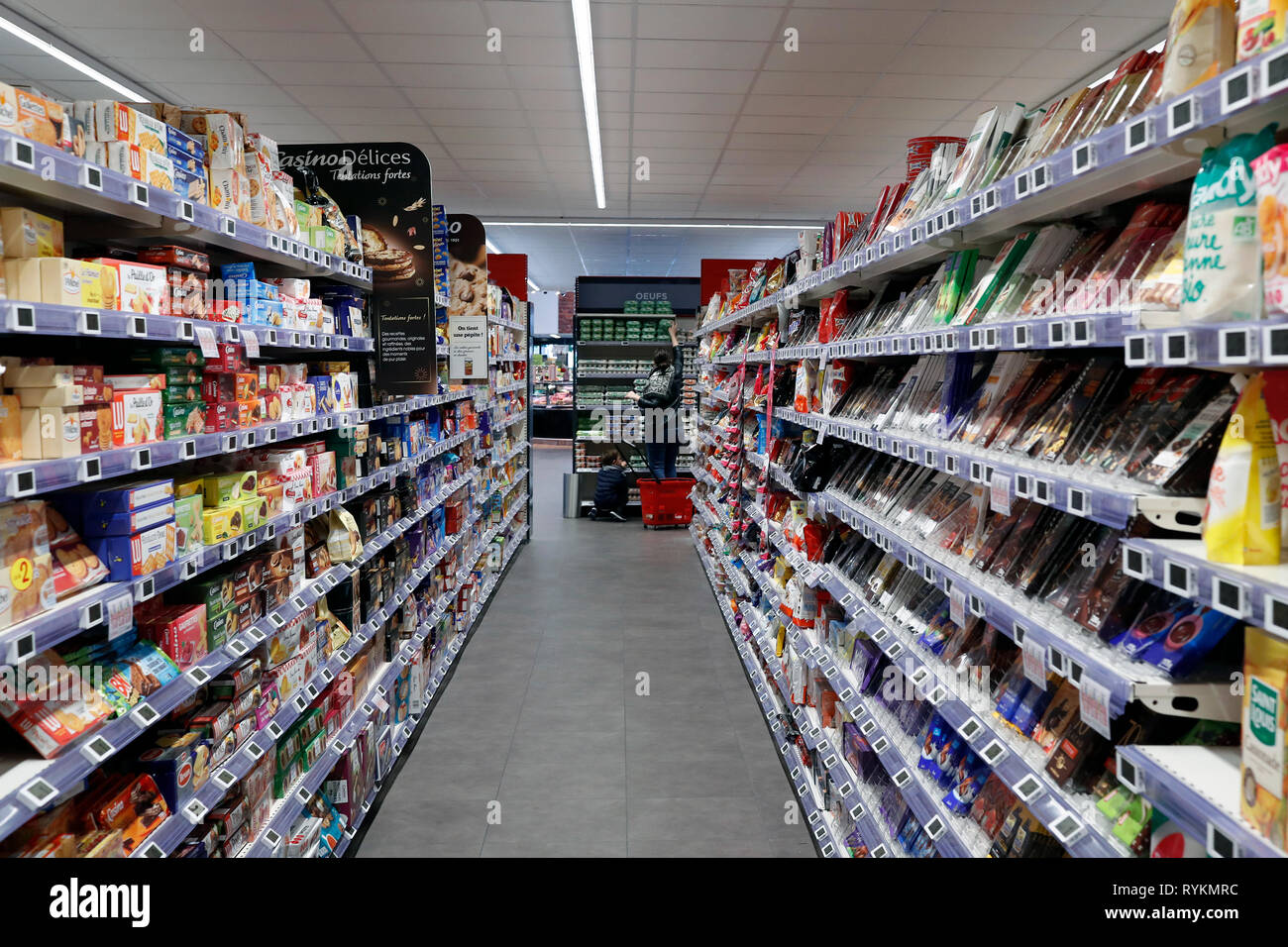 Stalls in row at supermarket. France Stock Photo - Alamy