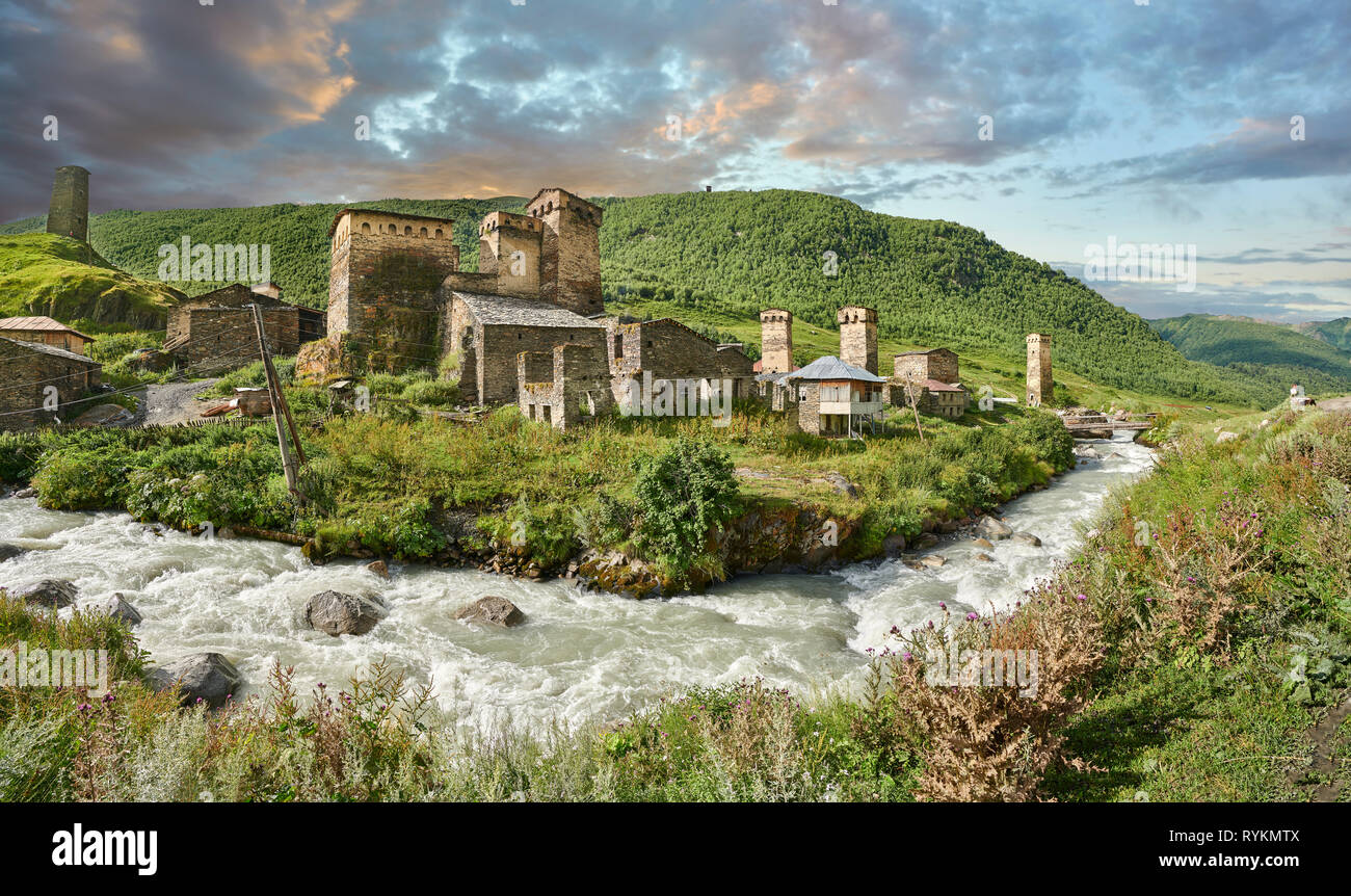 Stone medieval Svaneti tower houses of Chazhashi, Ushguli, Upper ...