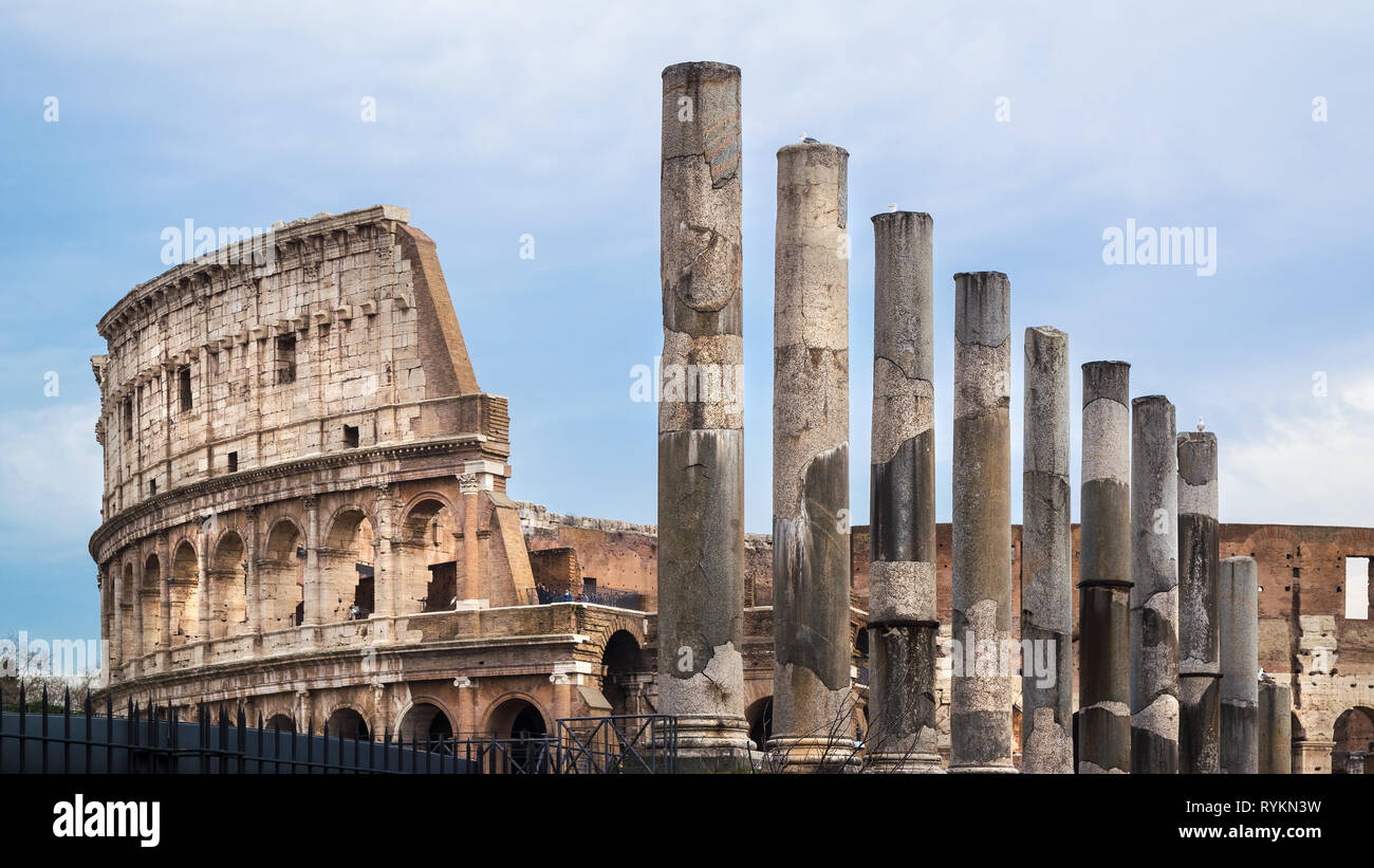 Close-up of the ancient Colosseum arena in Rome with stone and marble ...