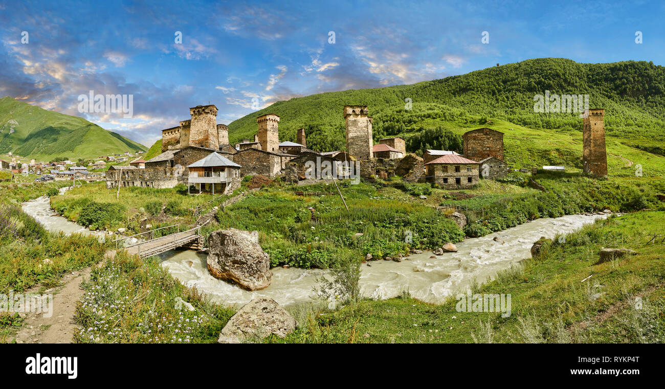 Stone medieval Svaneti tower houses of Chazhashi, Ushguli, Upper ...