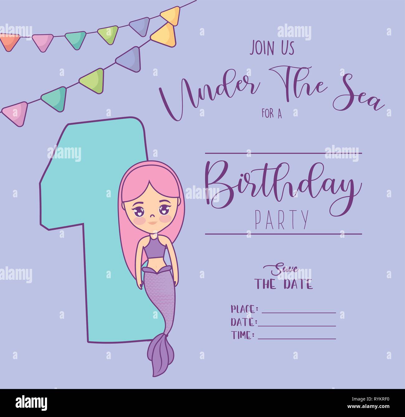 card with cute mermaid and number one vector illustration design Stock ...
