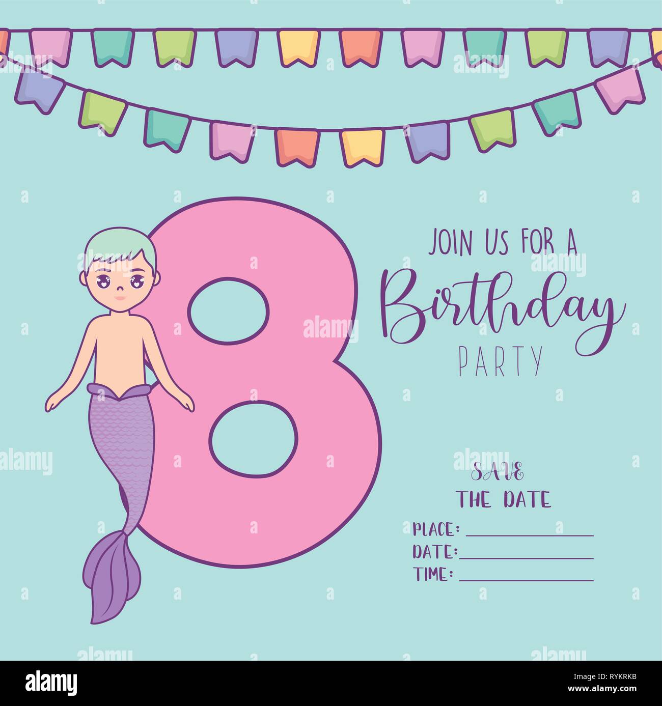 card with mermaid male and number eight vector illustration design ...