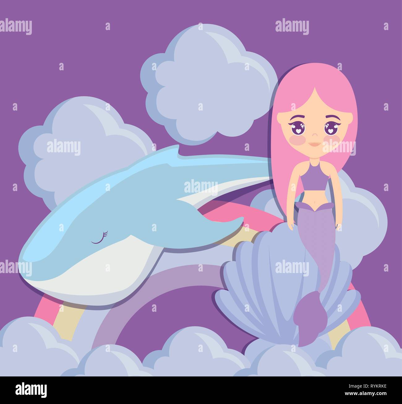 cute mermaid with whale and rainbow vector illustration design Stock ...