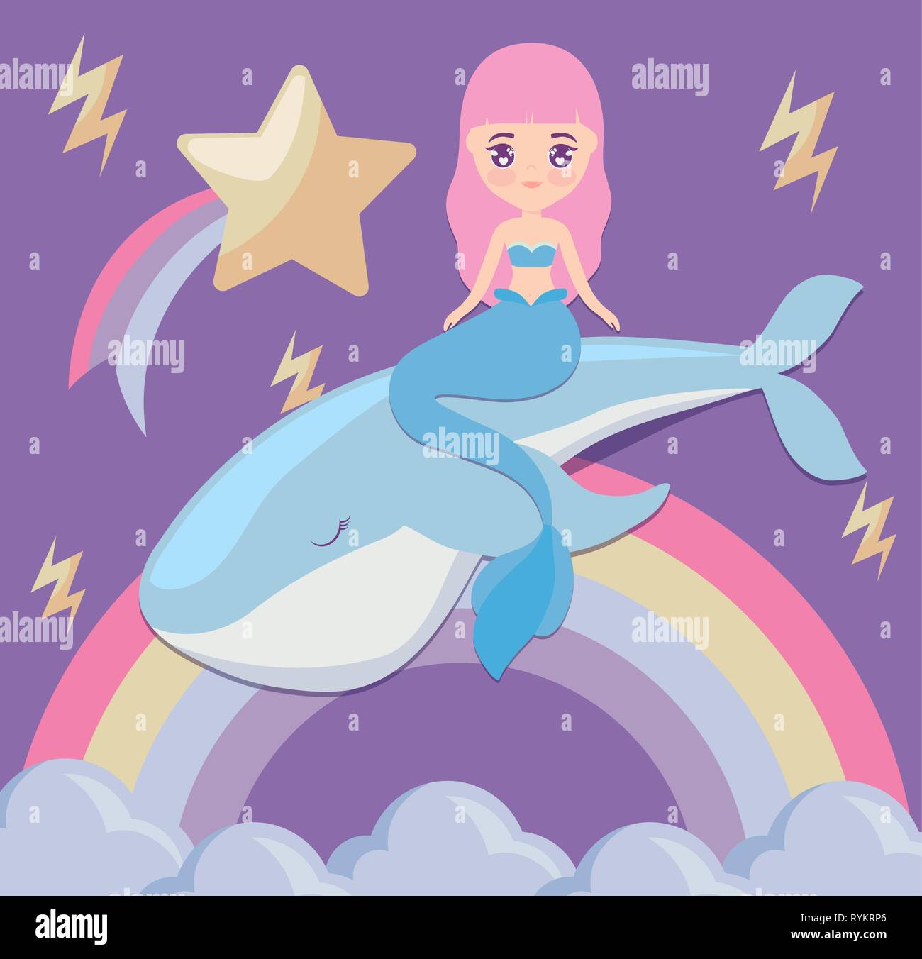 cute mermaid with whale and rainbow vector illustration design Stock ...