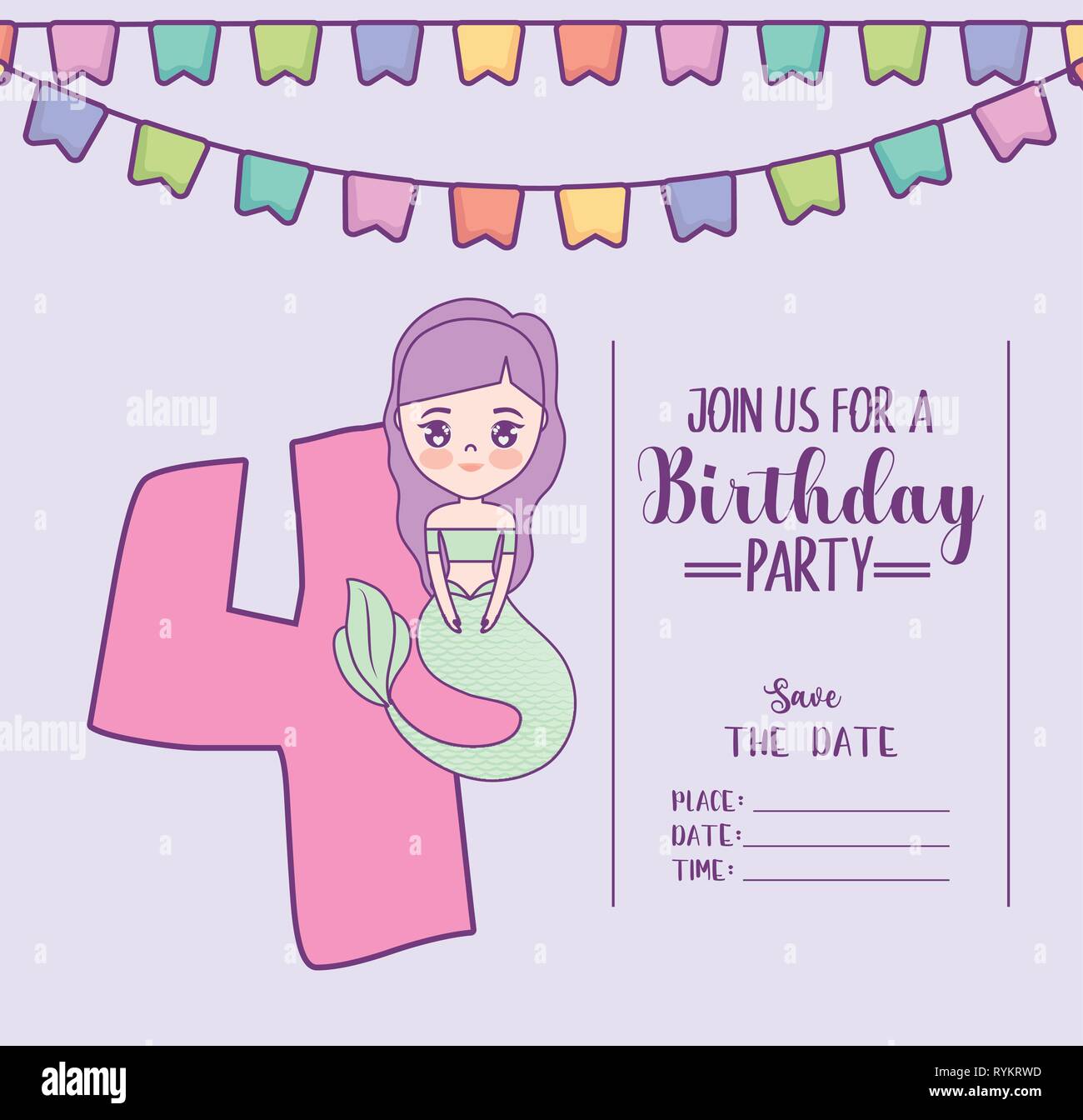 card with cute mermaid and number four vector illustration design Stock ...