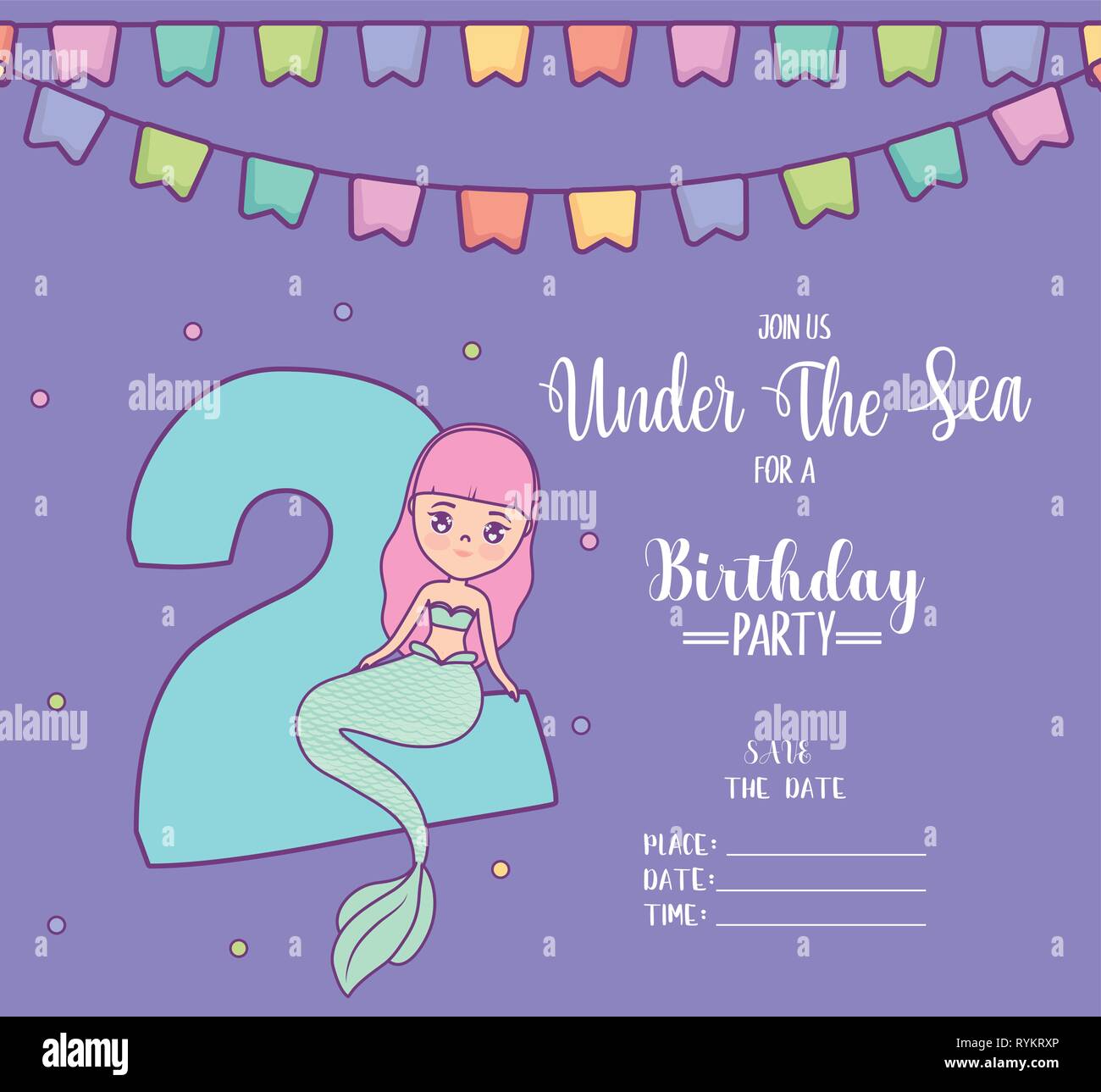 card with cute mermaid and number two vector illustration design Stock ...