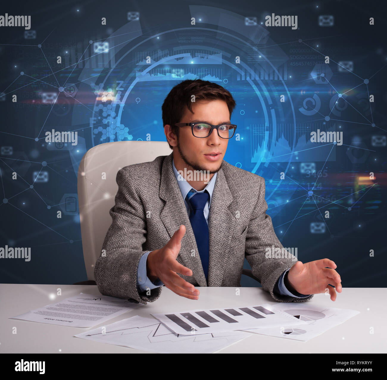 Manager in front of the office desk with connections and teamwork ...