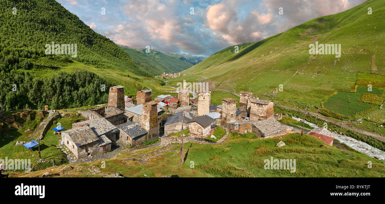 Stone medieval Svaneti tower houses of Chazhashi, Ushguli, Upper ...