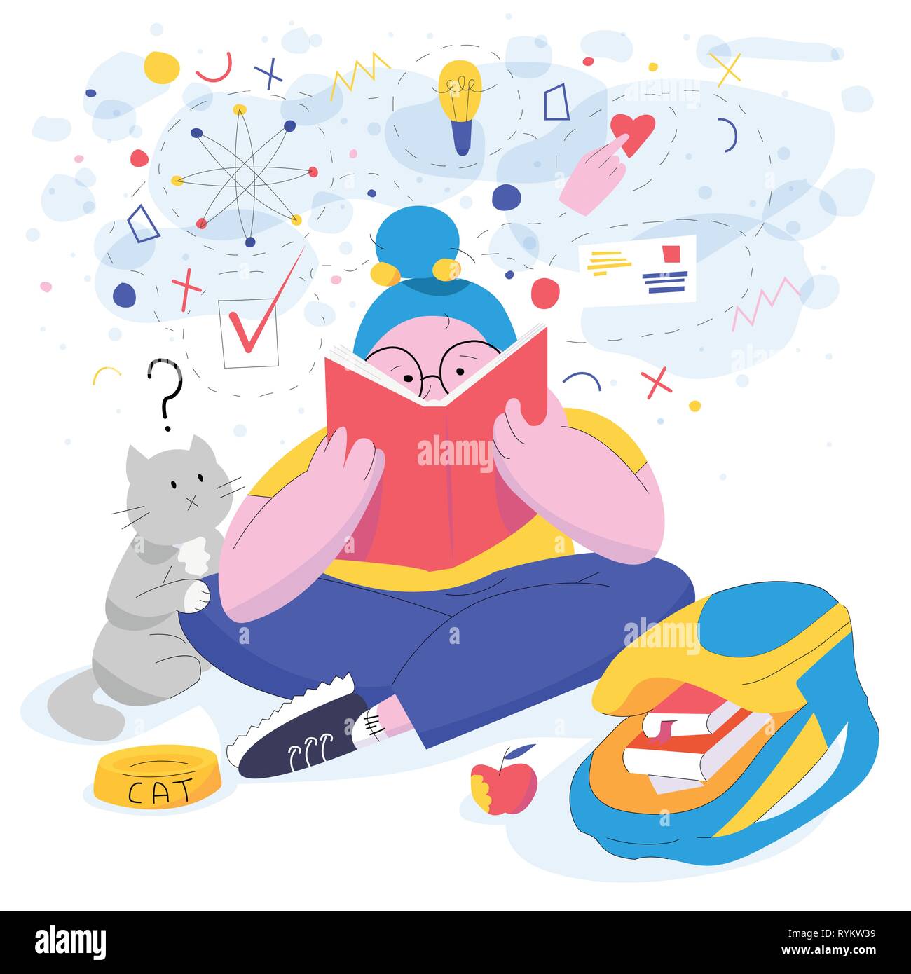 Vector illustration of a young girl reading a book and having lots of ...