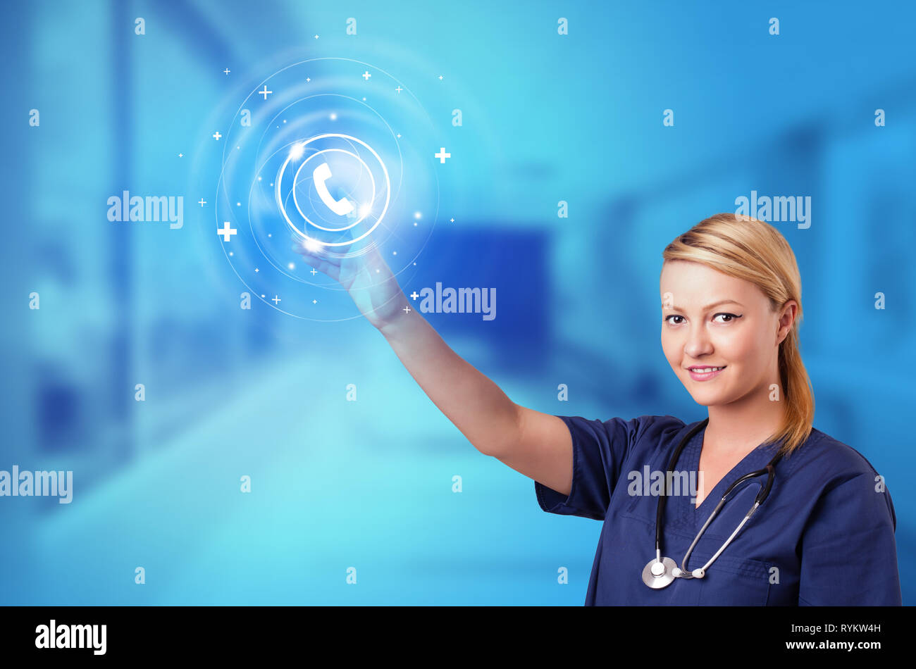 Doctor touching blue screen with call center concept Stock Photo - Alamy