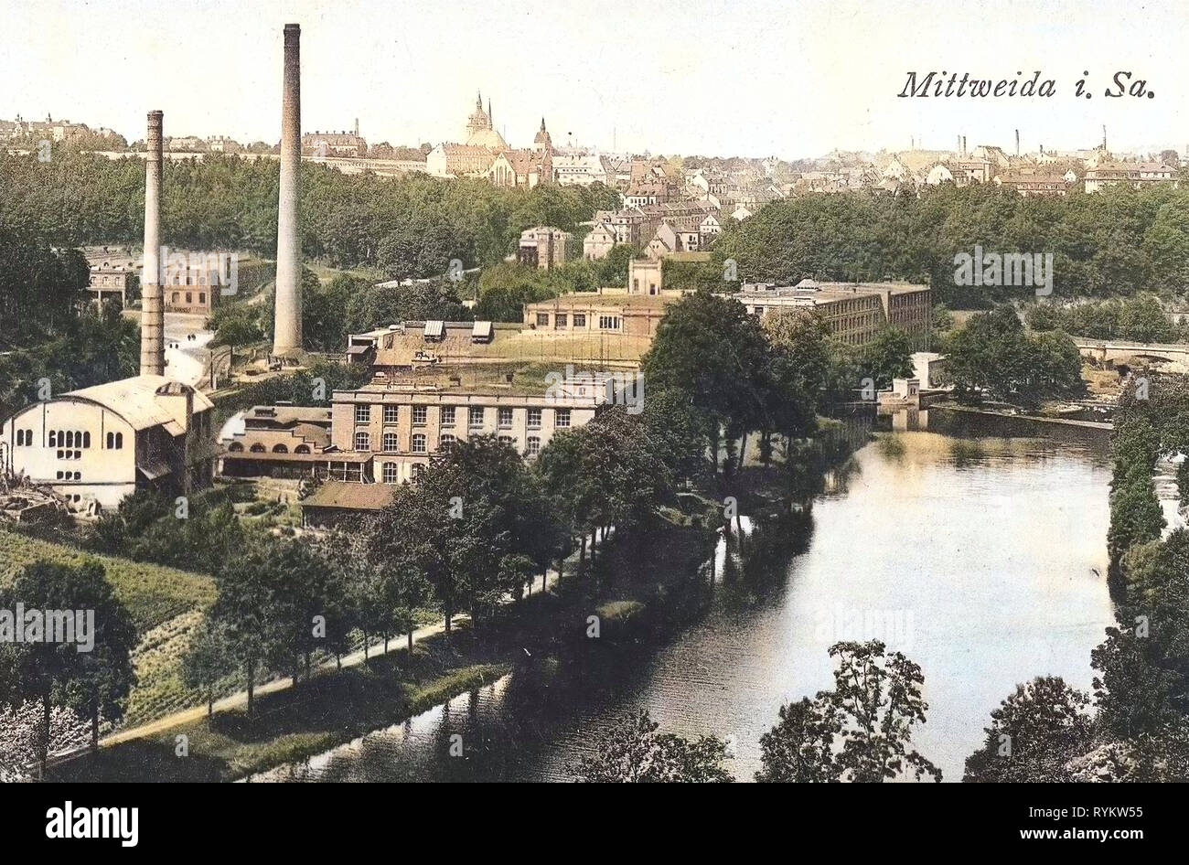 Buildings in Mittweida, Zschopau (river), 1921, Landkreis Mittelsachsen ...