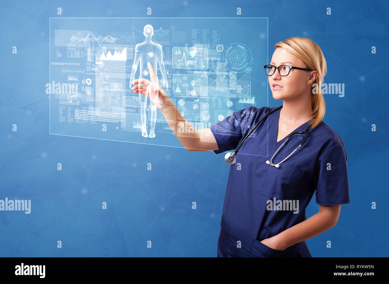Doctor touching blue screen with full body analyze concept Stock Photo ...