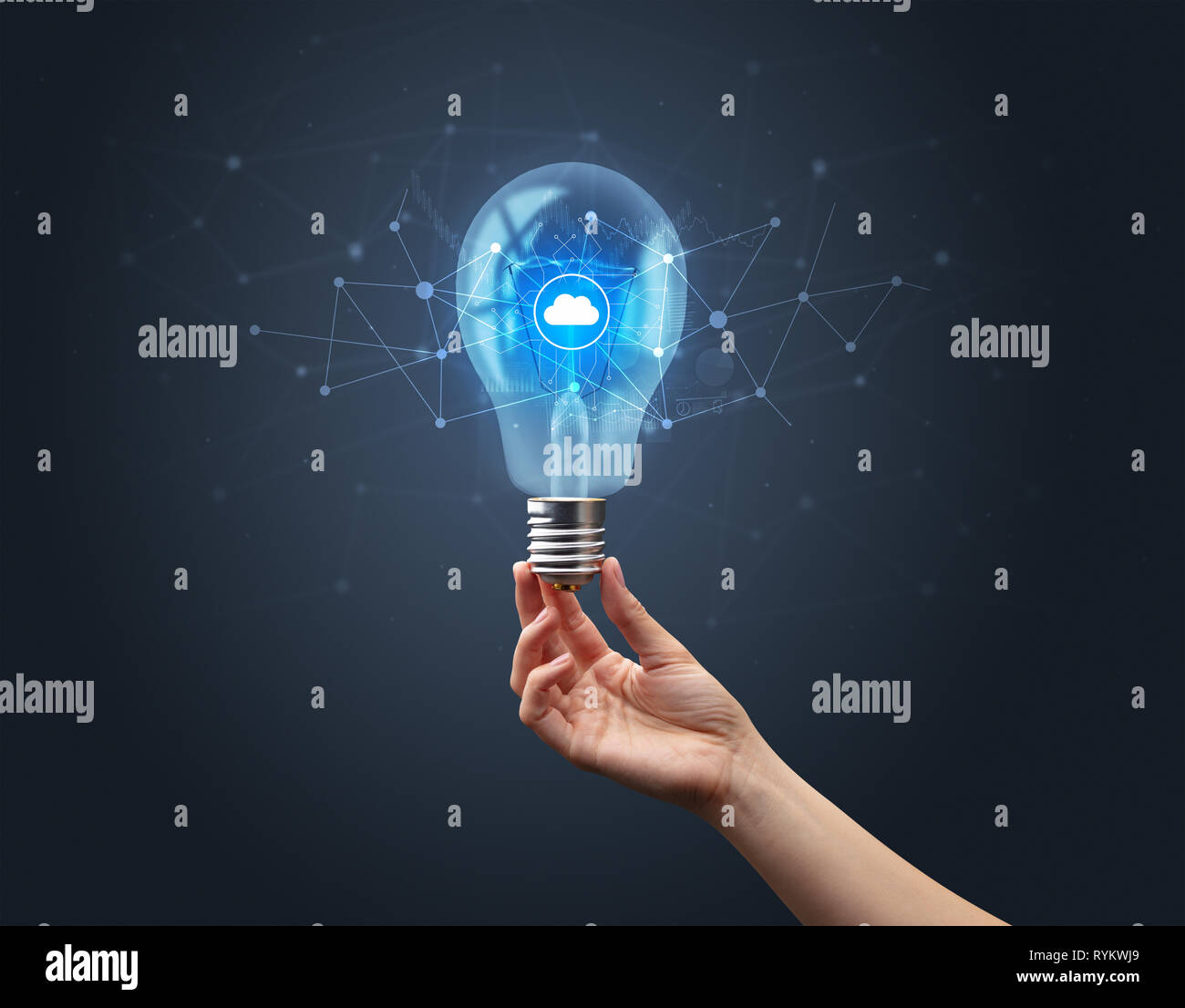 Hand holding light bulb on dark background. Networking idea concept Stock Photo - Alamy