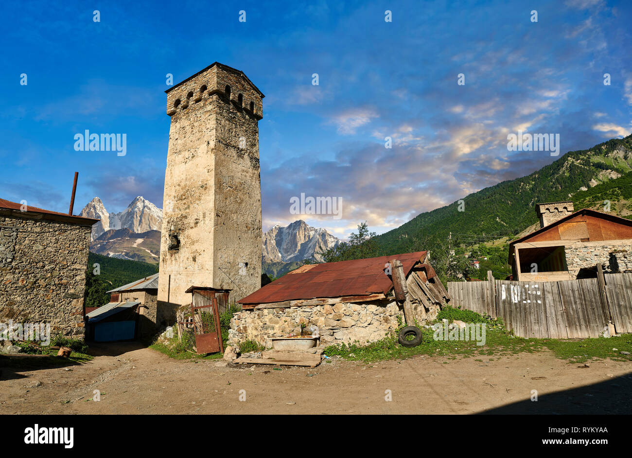 Stone medieval Svaneti tower houses of Lashtkhveri village in the ...