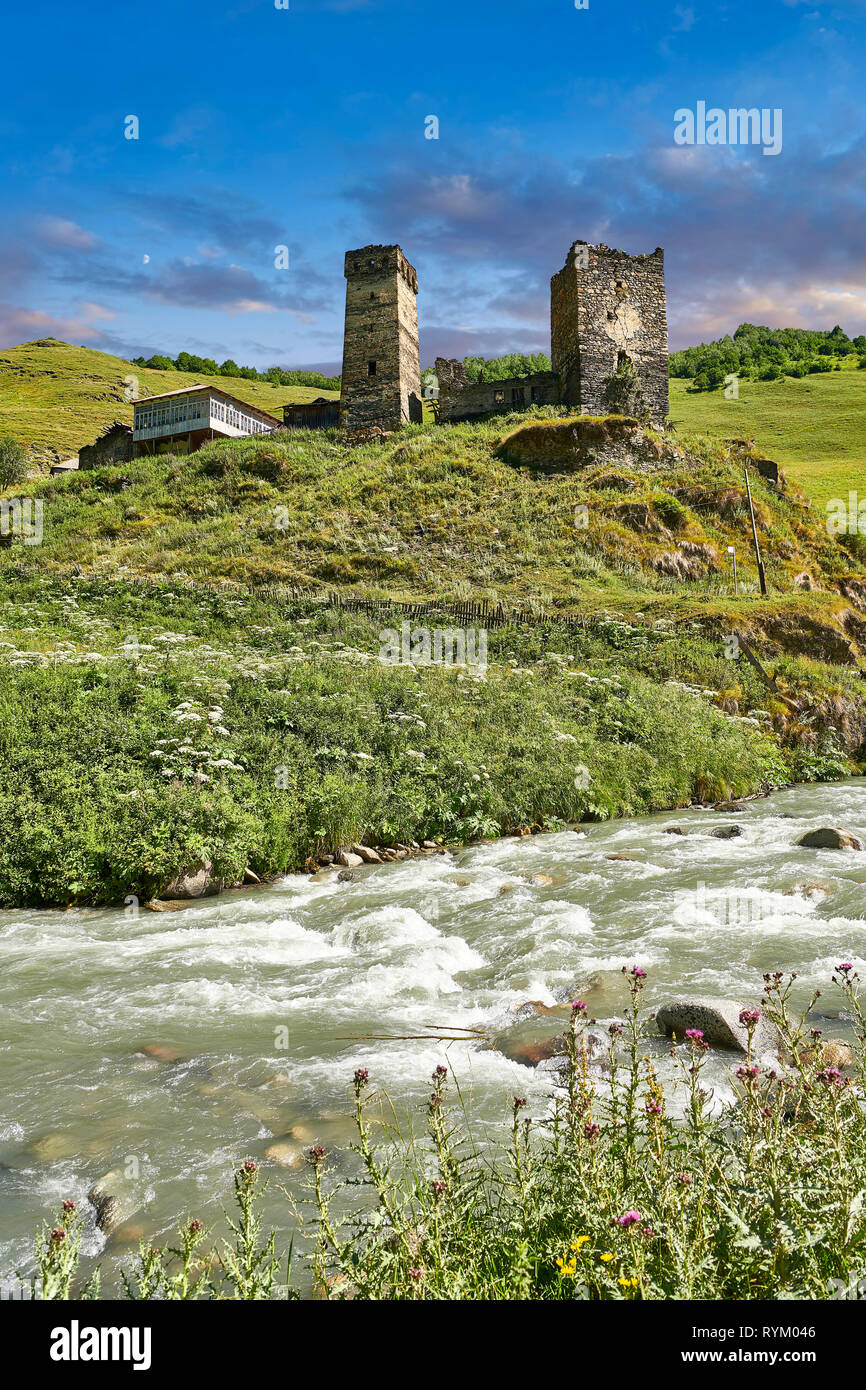 Stone medieval Svaneti tower houses of Davberi village in the Caucasus ...
