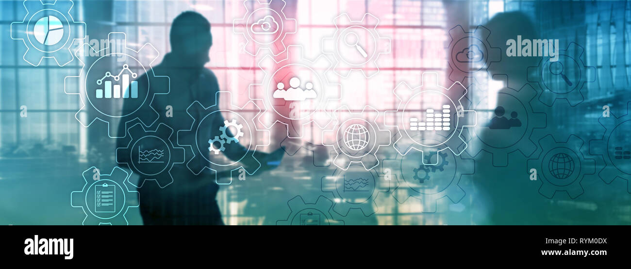 Business process abstract diagram with gears and icons. Workflow and ...