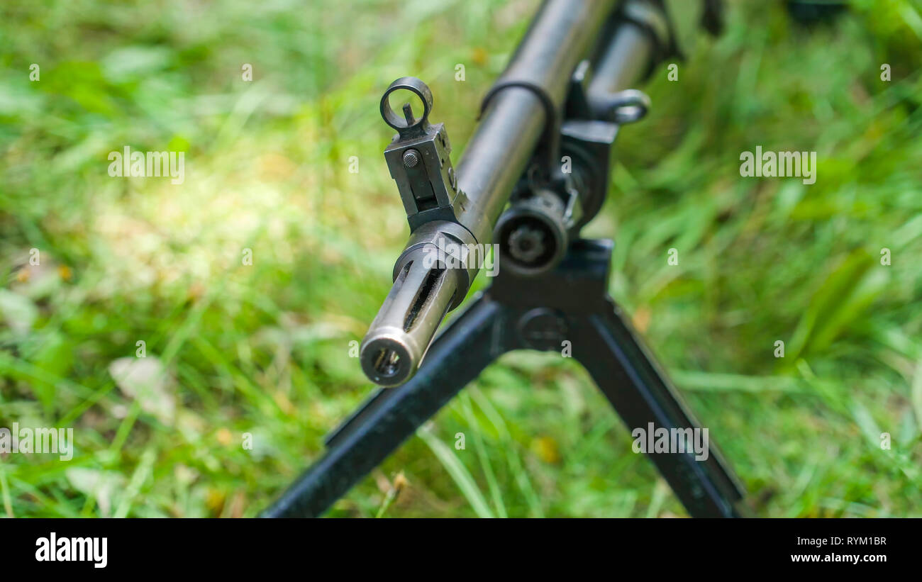 The stand of the sniper firearm on the ground displayed on the outside ...