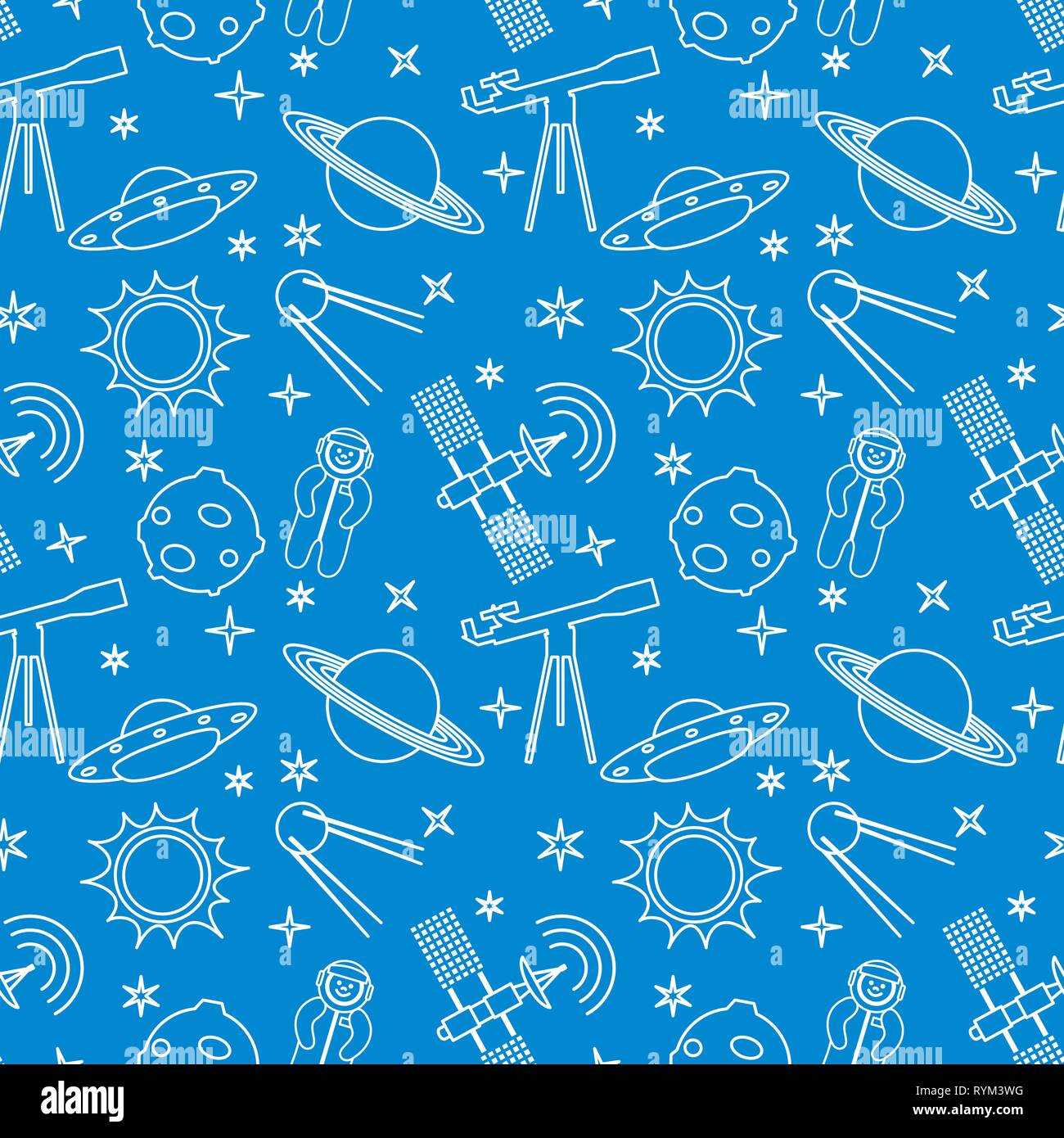 Seamless pattern with telescope, UFO, satellite, planets, astronaut ...
