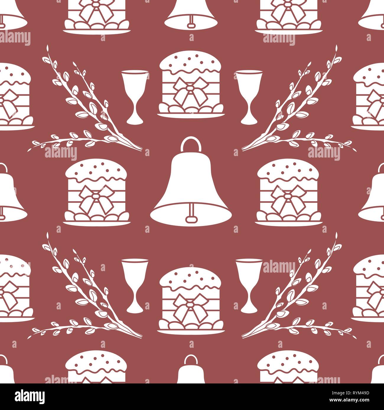 Seamless pattern with Easter cakes, willow branches, bells, wine ...