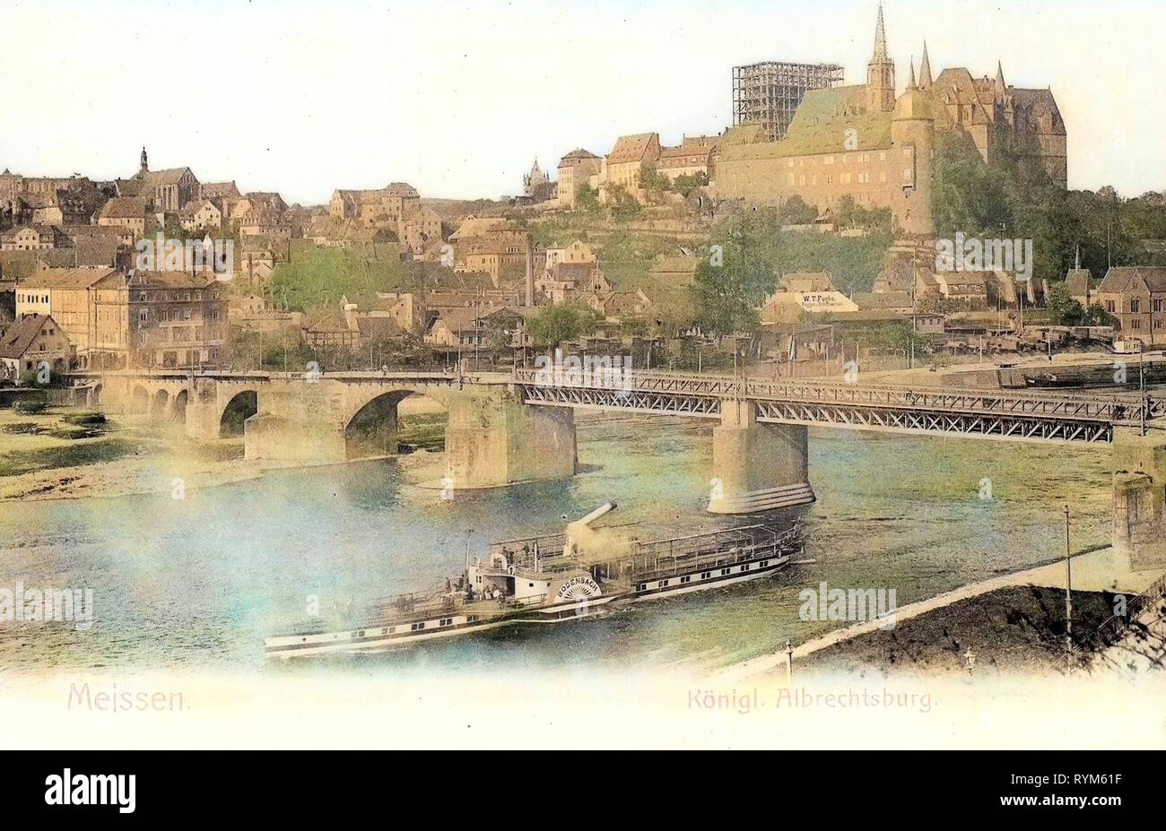 Albrechtsburg, Elbe in Meißen, Bodenbach (ship, 1896), Altstadtbrücke ...