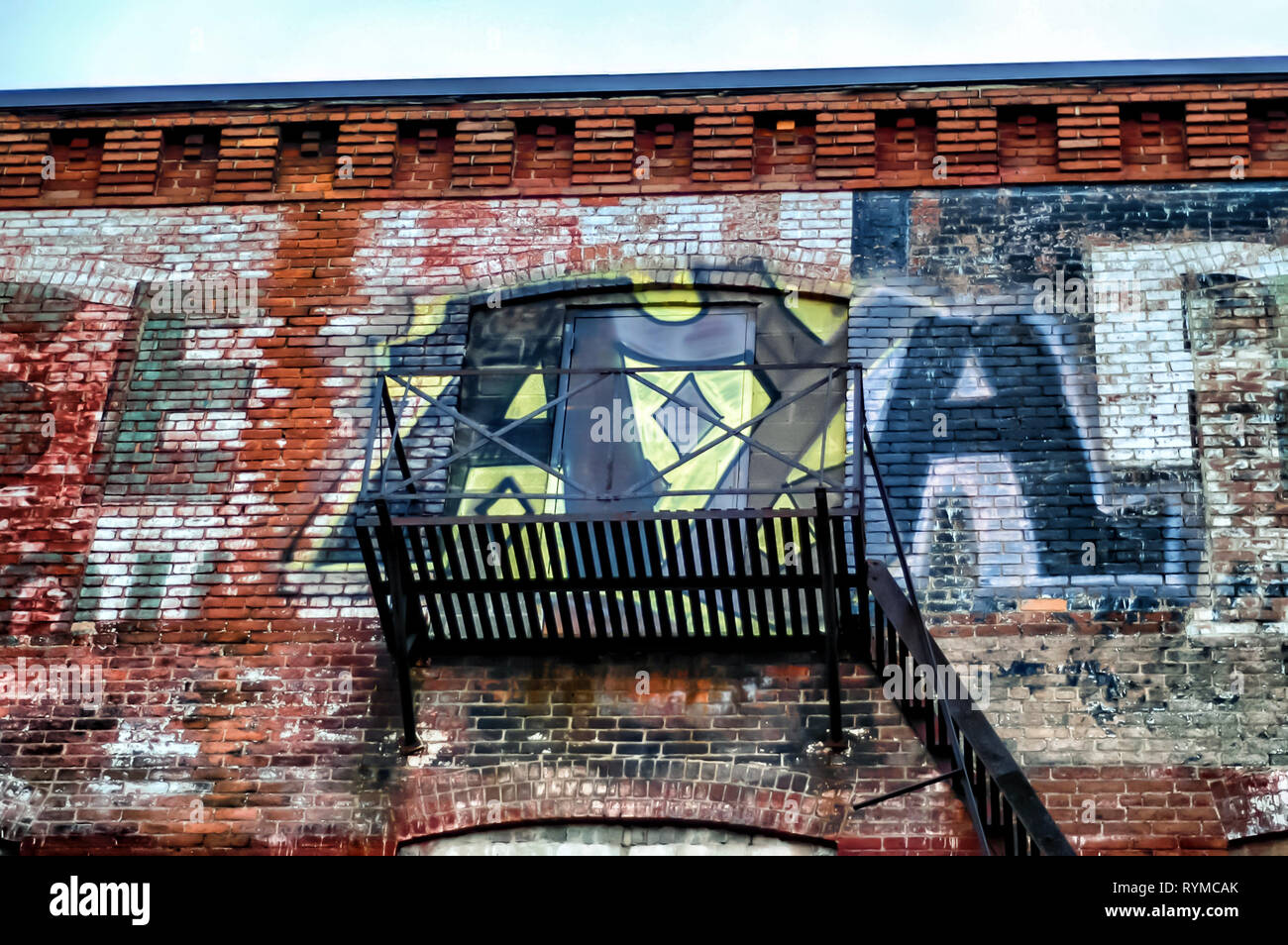 Fire escape ladders at the Carter Car Factory at Pontiac. This brick ...