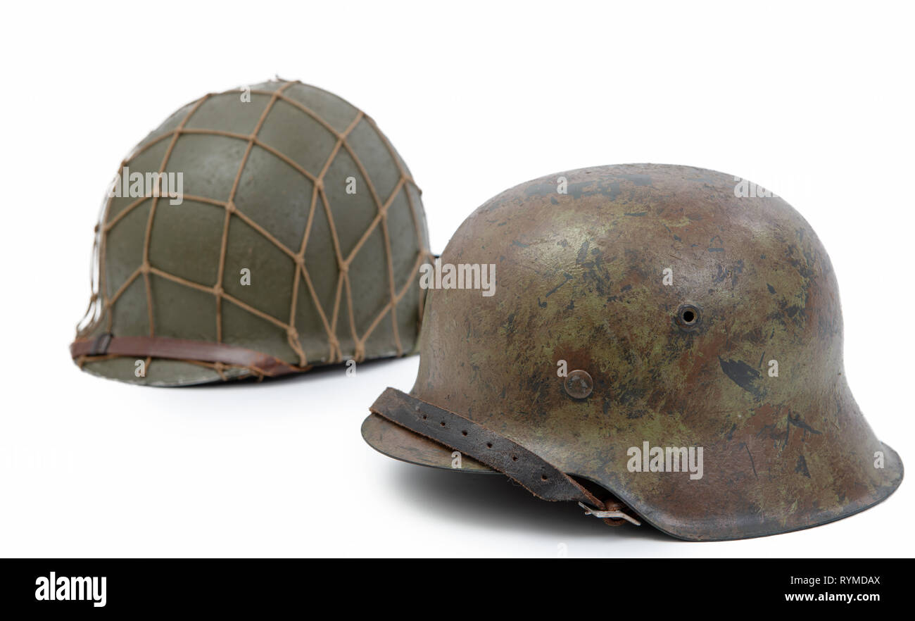 German and U.S World War Two military helmets, a battle of Normandy ...
