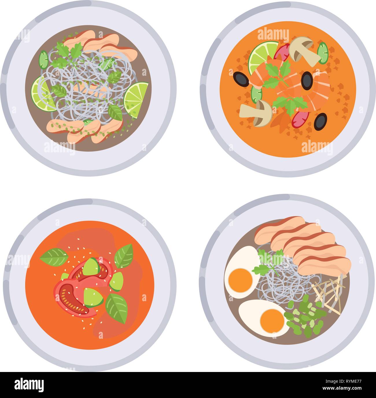 Menu concept. Collection of different soups. Ramen, pho, tom yum and ...
