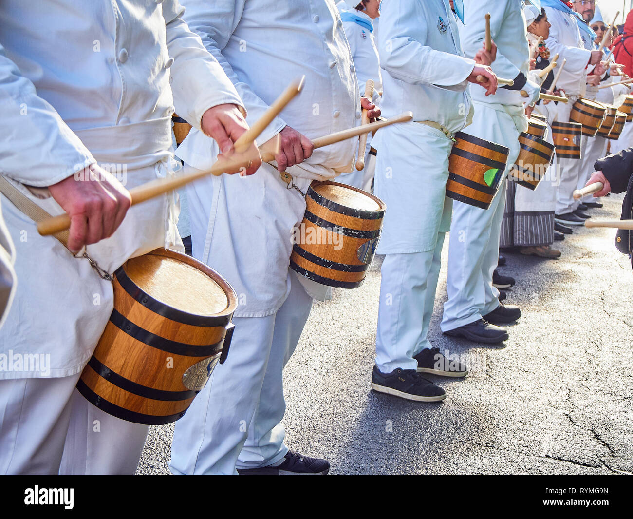 Cooks Drummers drumming at the Tamborrada, the drum parade to ...