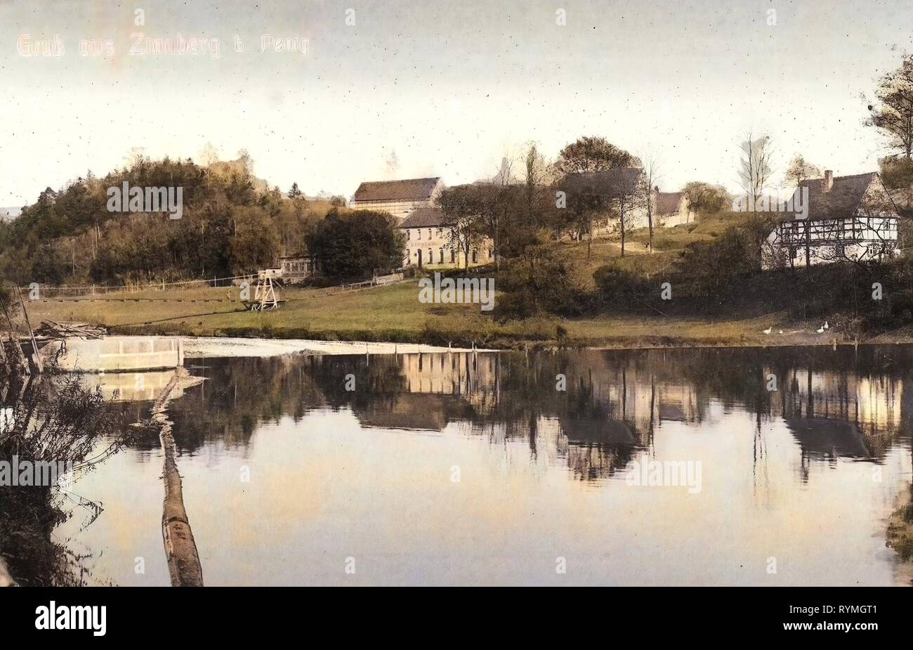 Zwickauer Mulde in Penig, Water reflections in Saxony, Timber framed ...