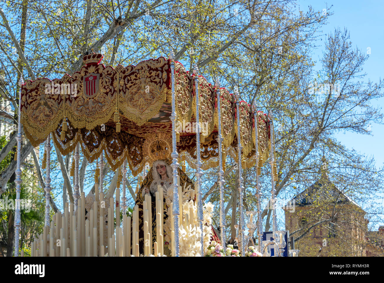 Float carrying the Virgin Mary in a Holy Week procession in Seville ...