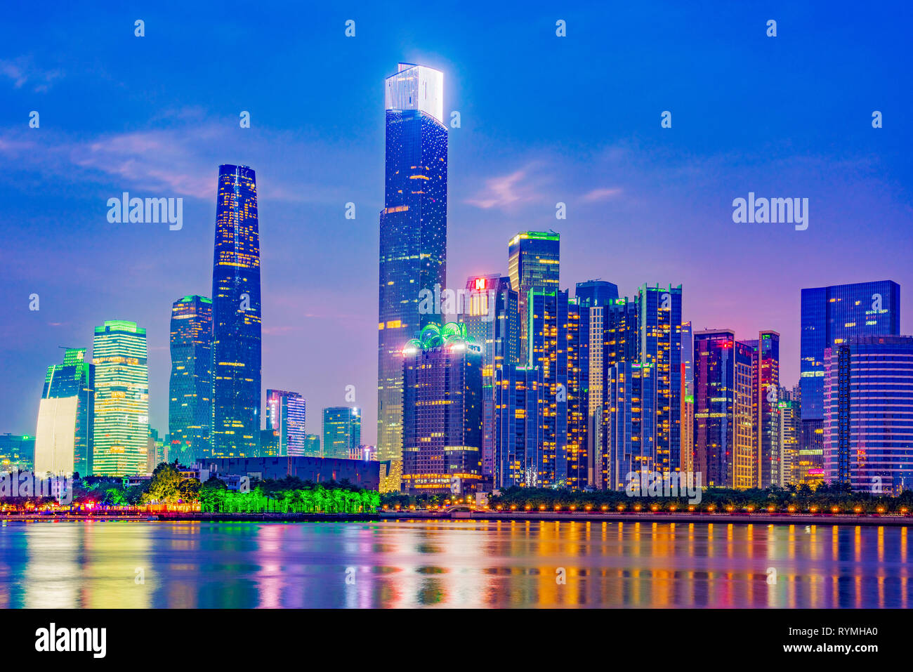 GUANGZHOU, CHINA - OCTOBER 21: Night view of the city skyline along the ...