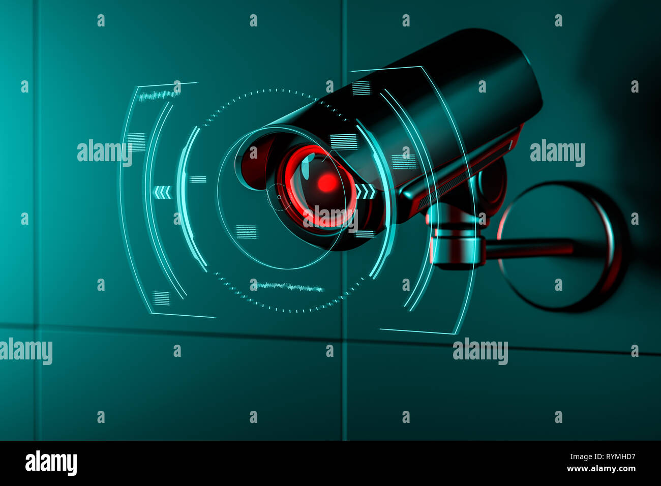 Surveillance camera on wall with some kind of futuristic interface or ... Surveillance camera on wall with some kind of futuristic interface or ...