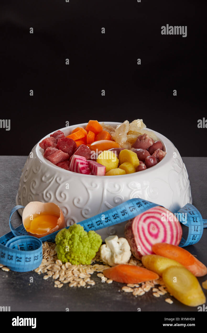 Bowl of barf food mix against black background with blue measuring tape ...