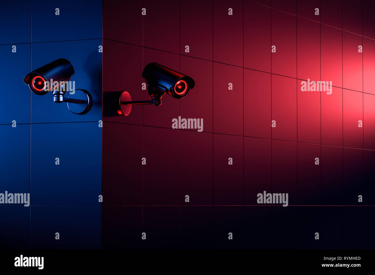 Two security CCTV cameras on the wall corner; copy space for text. The ...