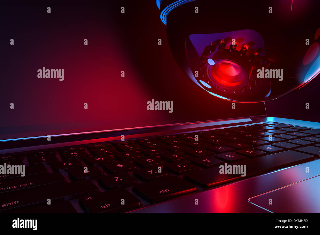 Big red eye of dome cctv watches keyboard and laptop screen ...