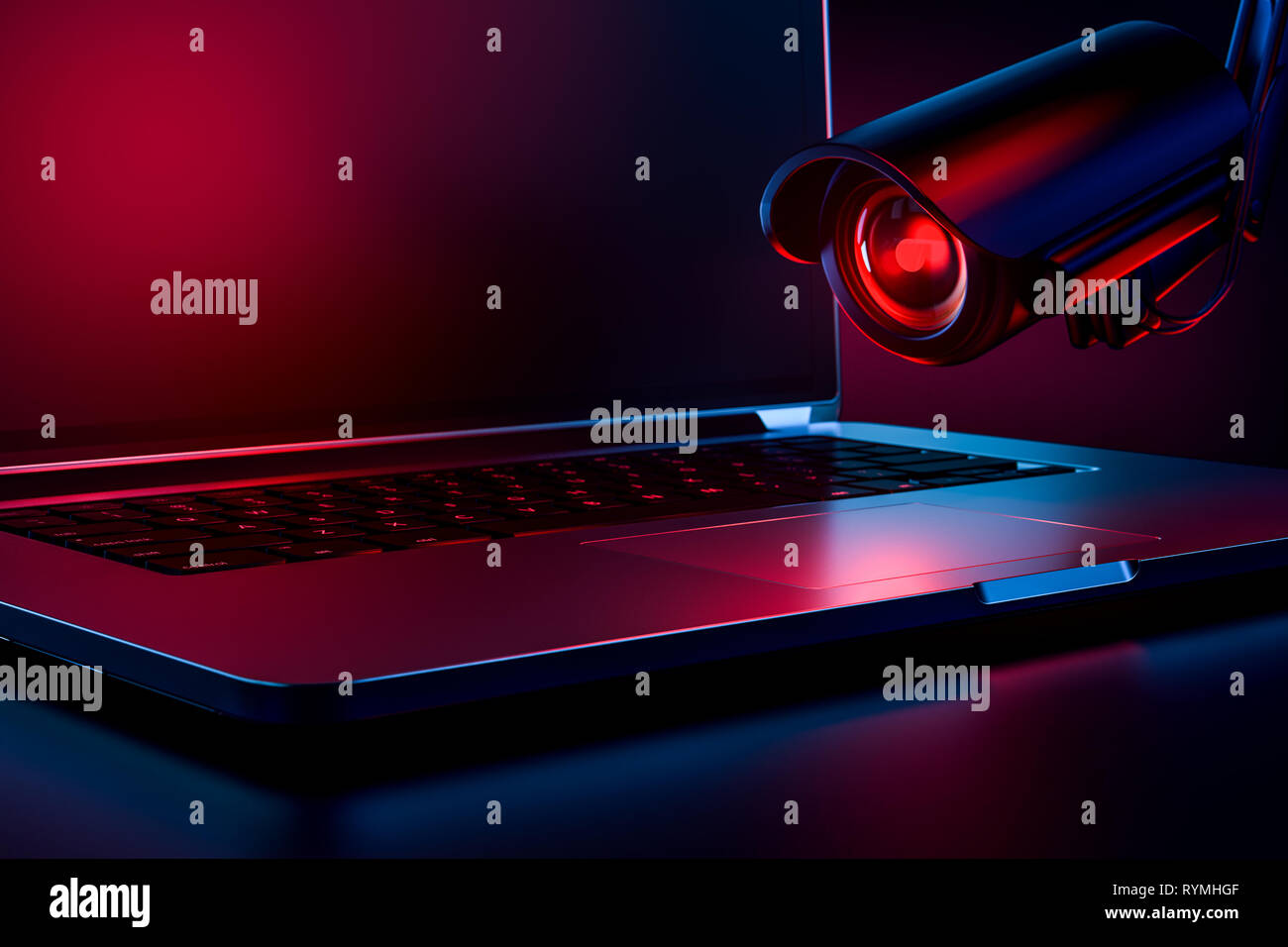 Computer observed by hostile looking camera as a metaphor of stalking ...