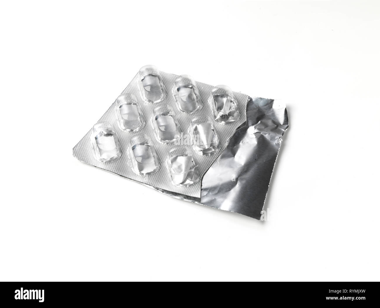 Close-up empty pills pack isolated on white background. Used medicine ...