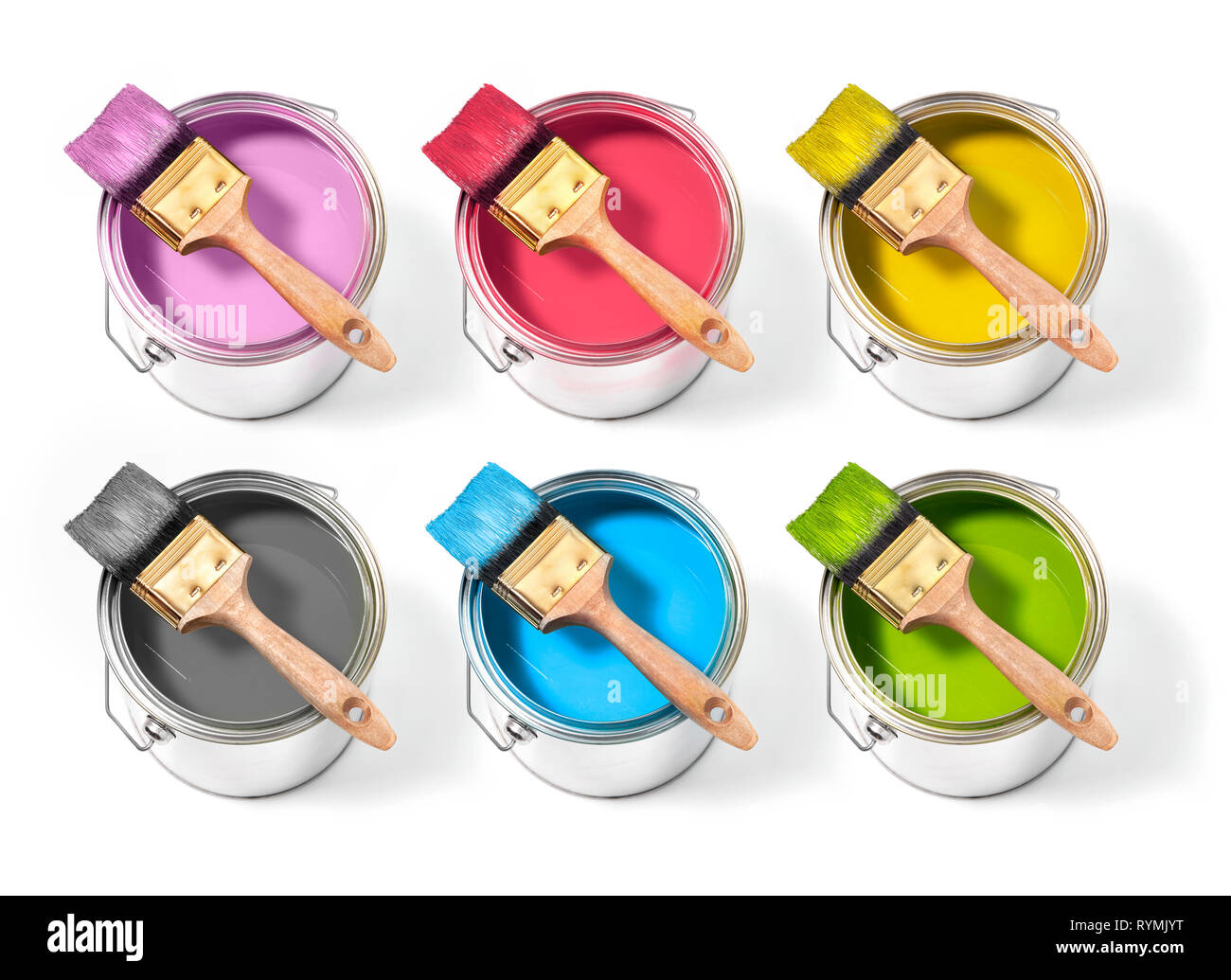 Cans with different decorator's paints with brush on top on a white ...