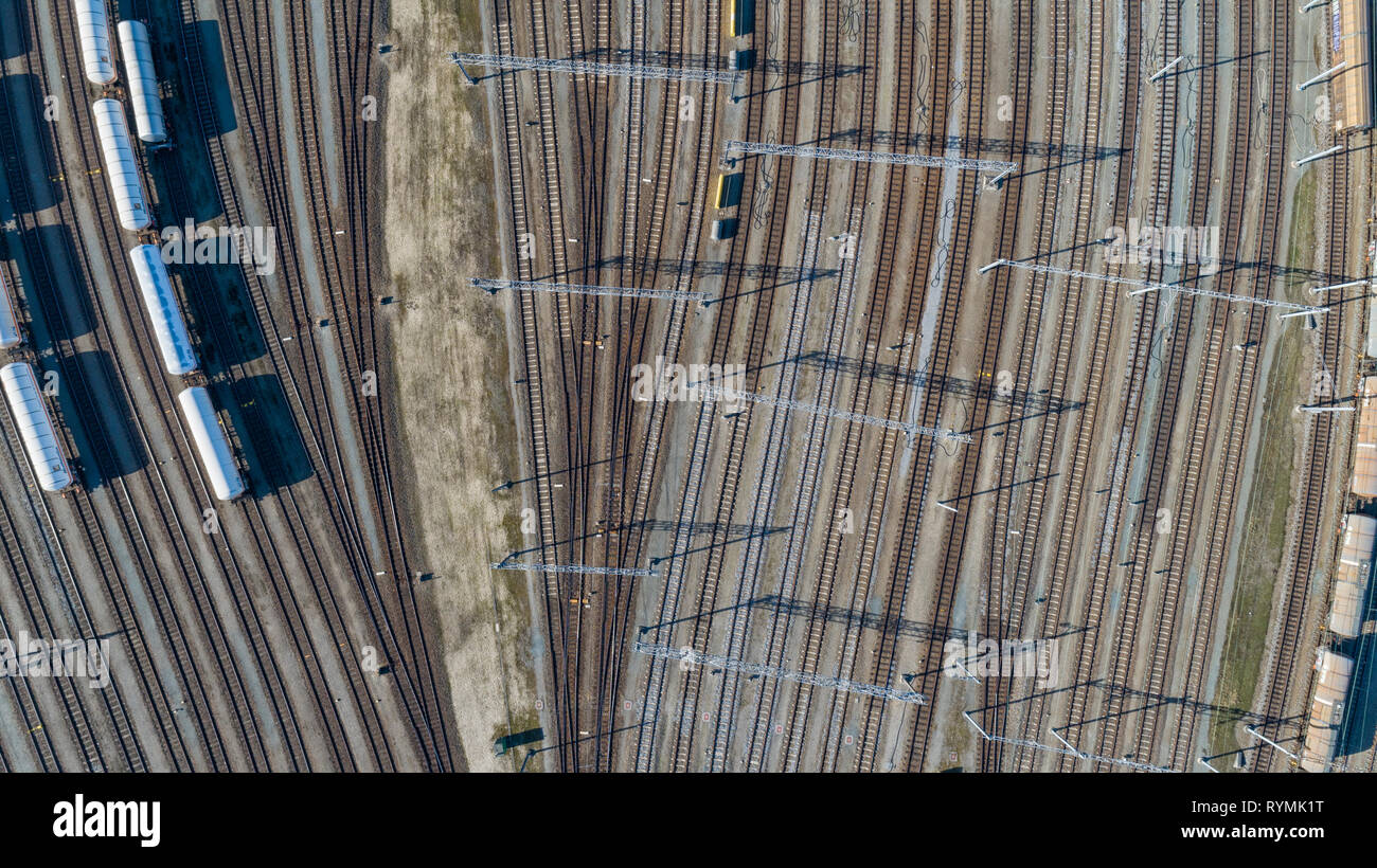 Cargo trains. Aerial view of colorful freight trains. Railway station ...