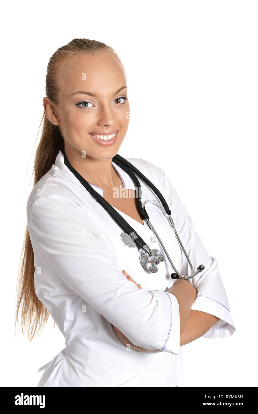 Portrait of a cute female doctor on white Stock Photo - Alamy