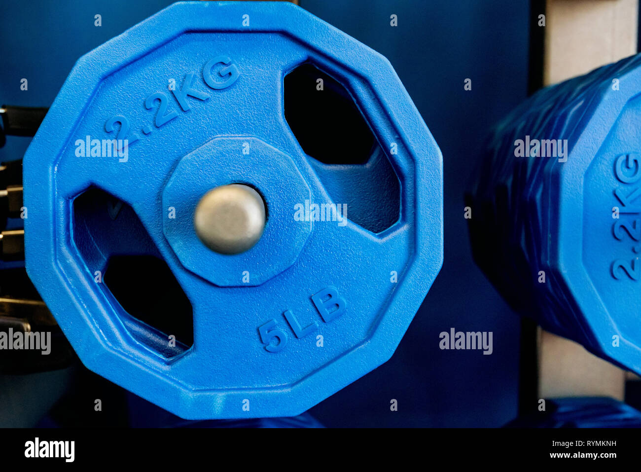 Close up blue weight plates in gym close Stock Photo - Alamy