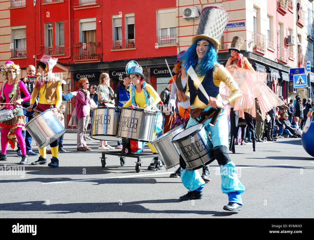 Madrid, Spain, March 2nd 2019: Carnival parade, Members of Tabarilea ...