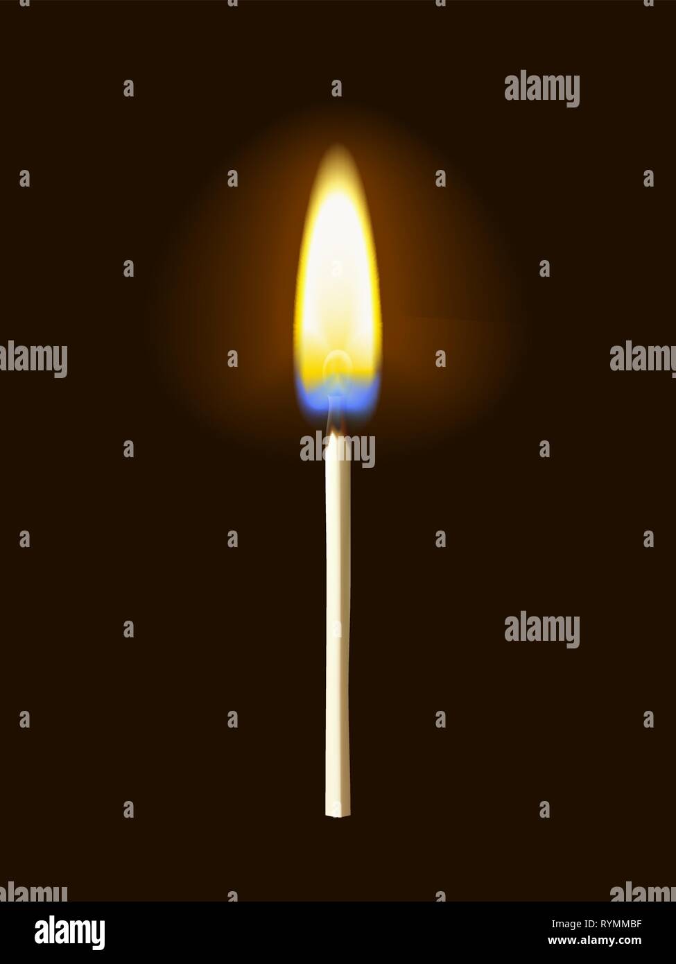 Realistic burning matchstick flame with transparency, isolated on black ...