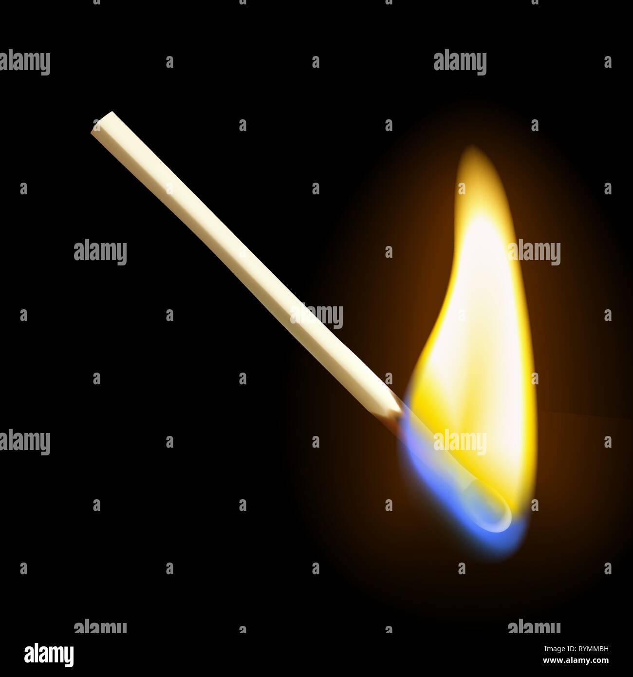 Realistic burning matchstick flame with transparency, isolated on black ...