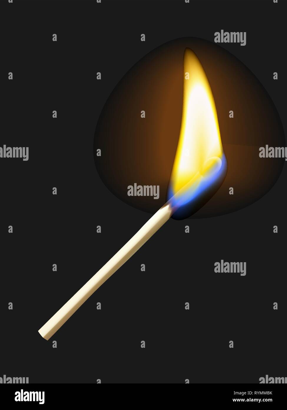 Realistic burning matchstick flame with transparency, isolated on black ...