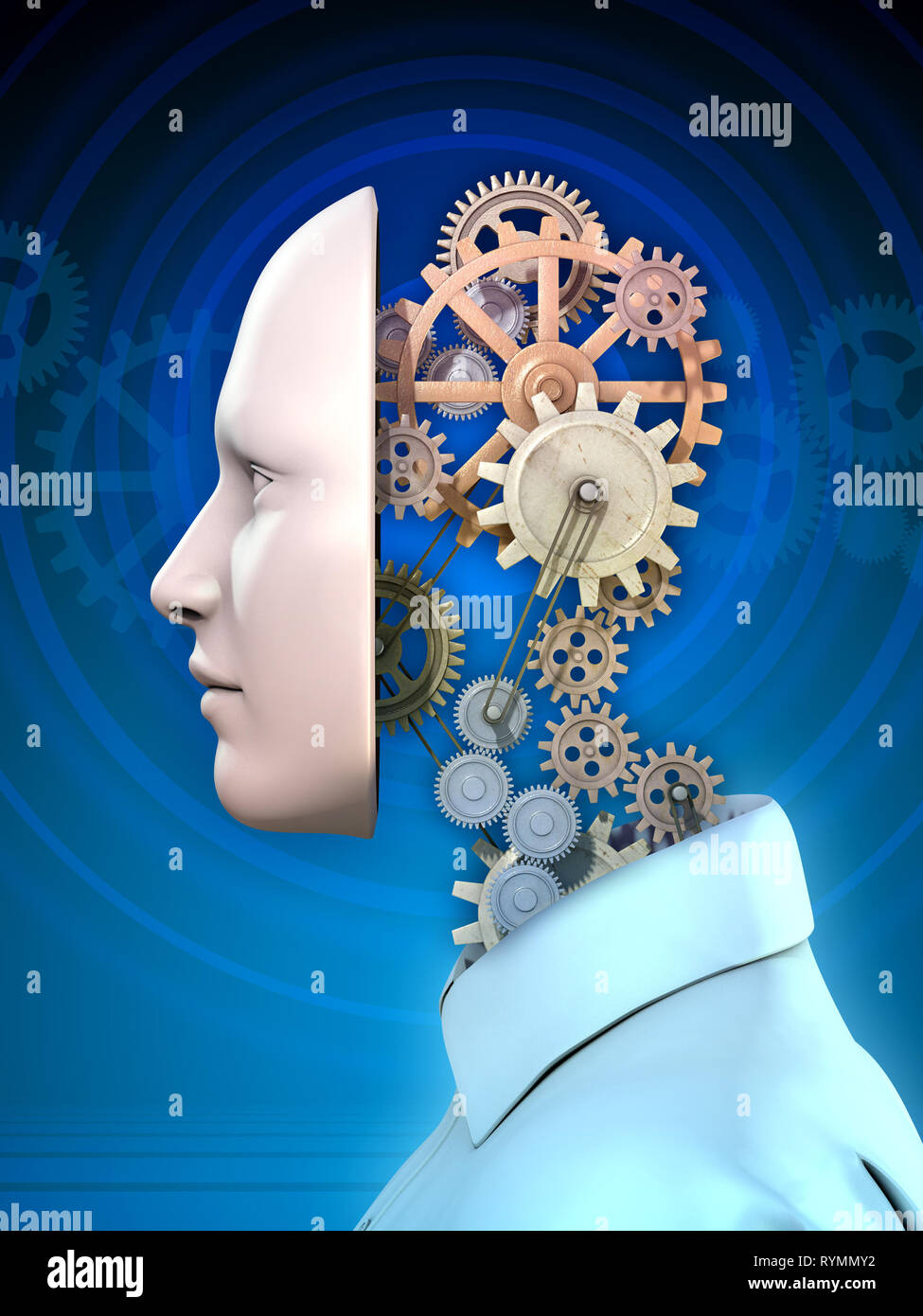 Gear mechanism as a metaphor of the inner working of the human mind. 3D ...