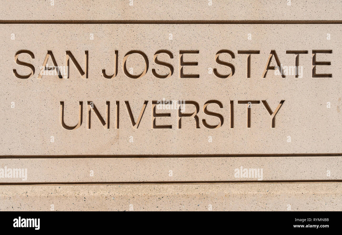 SAN JOSE, CA/USA - OCTOBER 21, 2018: Entrance lettering to the campus ...