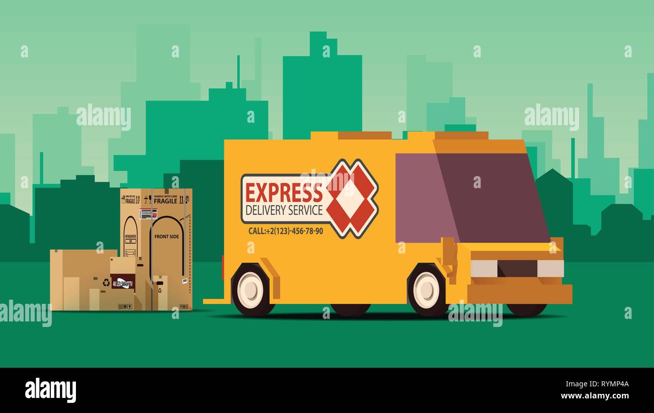 Orange Delivery Truck on City Landscape Background. IsoFlat Styled ...