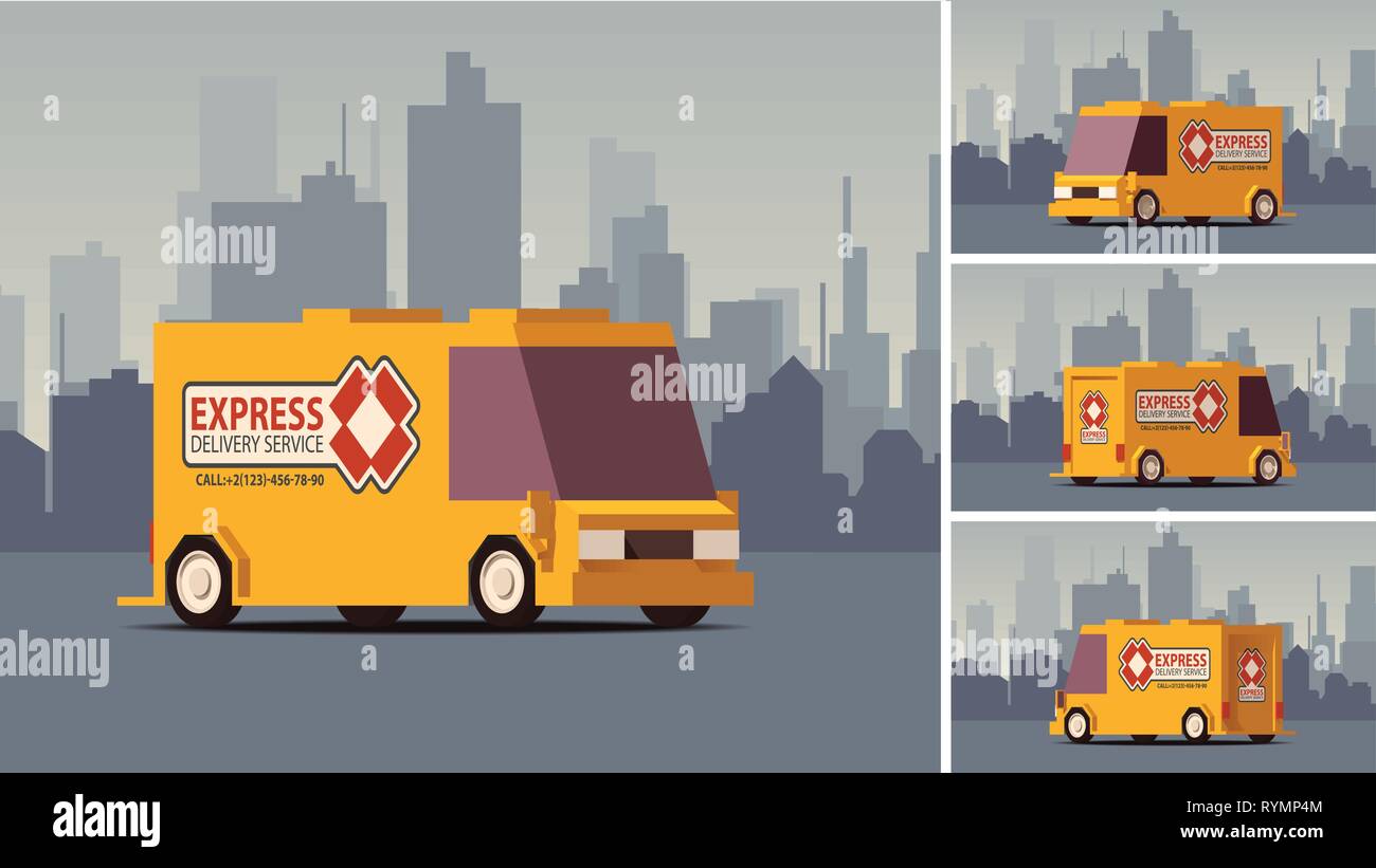 Orange Delivery Truck on City Landscape Background. IsoFlat Styled ...